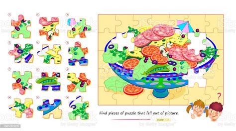 어린이와 성인을 위한 논리 게임 그림에서 떨어진 퍼즐 조각을 찾으십시오 아이들 수수께끼 책을위한 페이지입니다 세심함을위한 작업 공간적 사고 개발 온라인 플레이 벡터