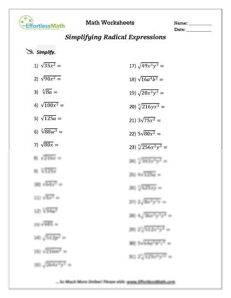 Simplifying Radicals Expressions Worksheet Artofit