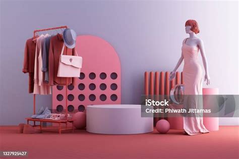 옷마네킹은 분홍색과 파란색으로 바닥에 기하학적 모양의 가방과 시장 소품으로 둘러싸인 옷걸이를 만듭니다 3d 렌더링 3차원 형태에 대한 스톡 사진 및 기타 이미지 Istock