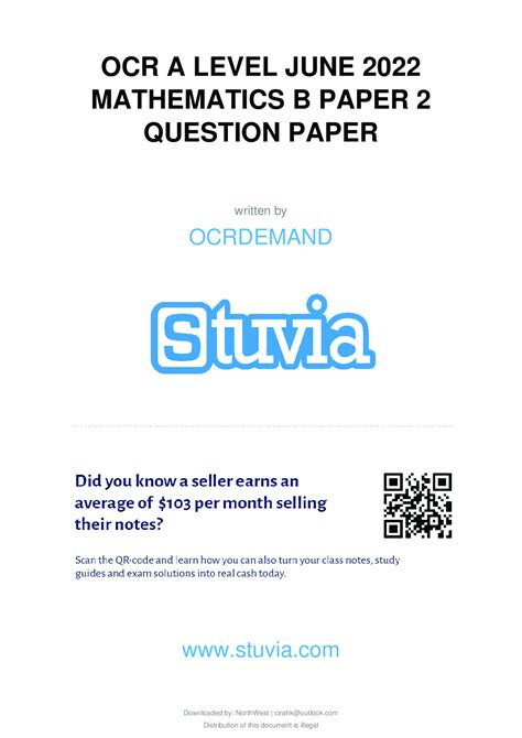 OCR A LEVEL JUNE MATHEMATICS B PAPER QUESTION PAPER Scholarfriends
