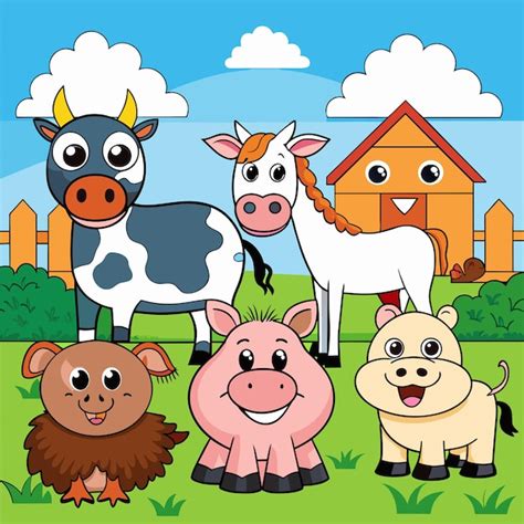 전면에 소와 소가 있는 농장의 만화 프리미엄 Ai 생성 벡터