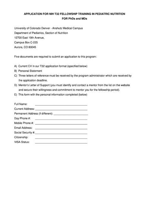 Application For Nih T32 Fellowship Training In Pediatric Nutrition For Phds And Mds University