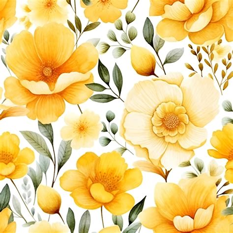 Premium Ai Image Yellow Watercolor Flowers Seamless Pattern Background