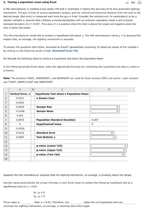 solved 9 testing a population mean using excel aa aa a