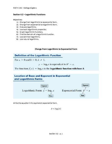 Section 4 2 Lecture Notes Section 4 Logarithmic Functions Objectives 1 Change From