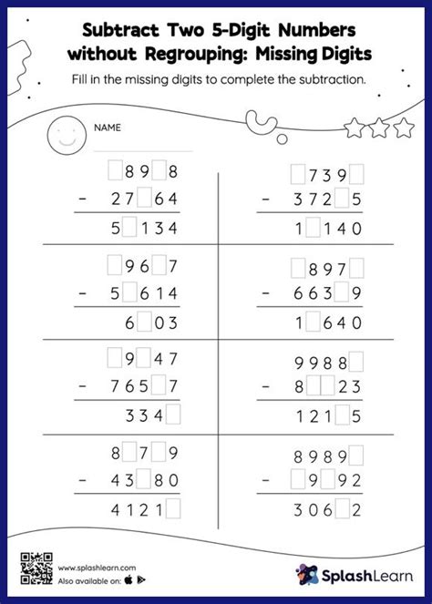 Subtract Two 5 Digit Numbers Without Regrouping Missing Digits Math Worksheets Splashlearn