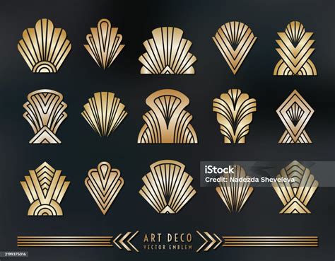 아르 데코 스타일의 빈티지 심볼 세트입니다 어두운 배경에 복고풍 기하학적 기호 메탈릭 골드 컬러 요소 Eps 10 디자인 벡터 일러스트 레이 션 0명에 대한 스톡 벡터 아트