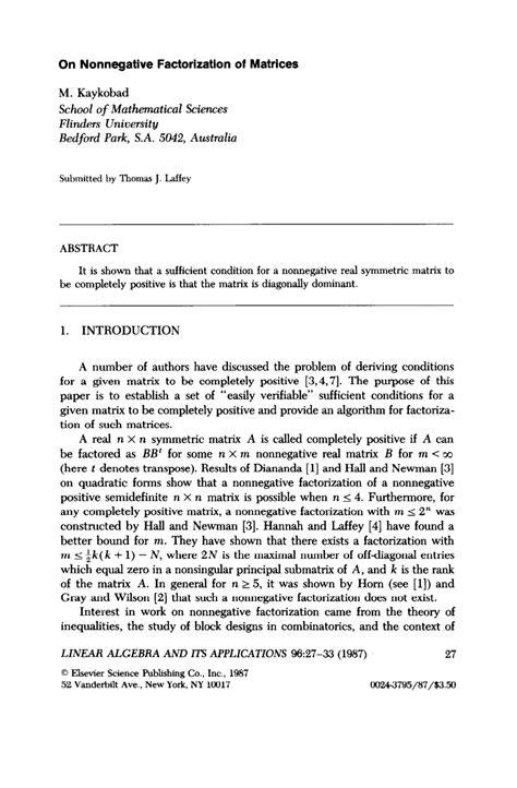 Pdf On Nonnegative Factorization Of Matrices