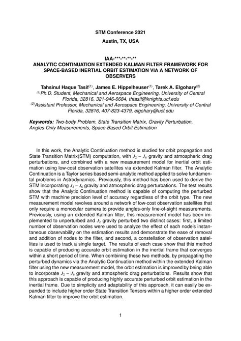 Pdf Extended Kalman Filter Framework For Space Based Inertial Orbit Estimation Via A Network
