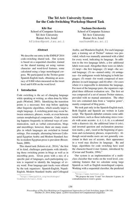 Pdf The Tel Aviv University System For The Code Switching Workshop