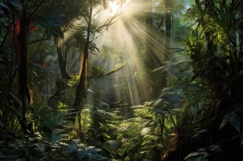 Sunlight Streaming Through Dense Canopy Layers Premium Ai Generated Image