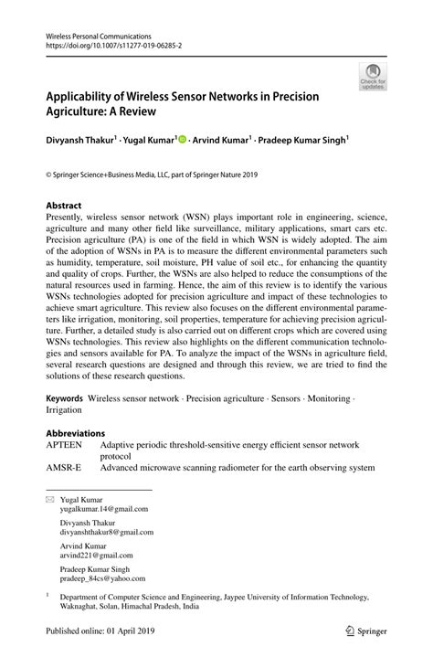Pdf Applicability Of Wireless Sensor Networks In Precision
