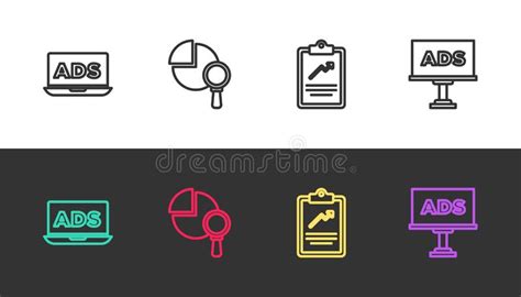 Set Line Advertising Magnifying Glass And Analysis Clipboard With Graph Chart And On Black And