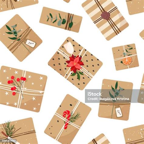 공예 종이에 크리스마스 선물 에코 장식 유칼립투스 가문비 나무 2022년 크리스마스와 새해를 축하하기 위해 준비 벡터 플랫 매끄러운 패턴 12월에 대한 스톡 벡터 아트 및