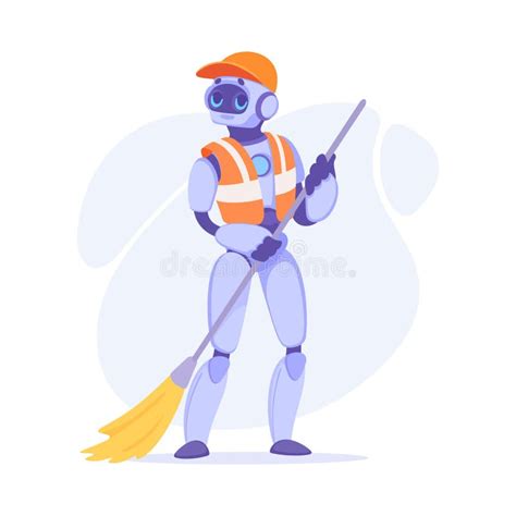 Robot With Broom Sweep Street As Smart Android Assistant Machine Vector