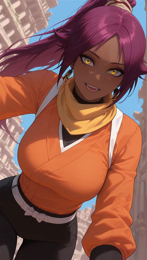 Anime Girl With Purple Hair And Orange Shirt Posing In Front Of A