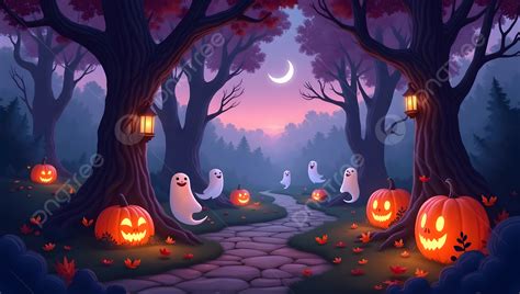 Cute Halloween Ghosts In Twisted Tree Forest Background Cartoon Forest
