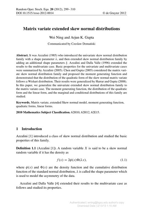 Pdf Matrix Variate Extended Skew Normal Distributions