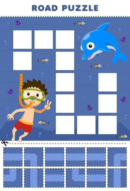 어린이 로드 퍼즐을 위한 교육 게임 다이버가 인쇄 가능한 수중 워크시트 돌고래로 이동하는 데 도움 프리미엄 벡터