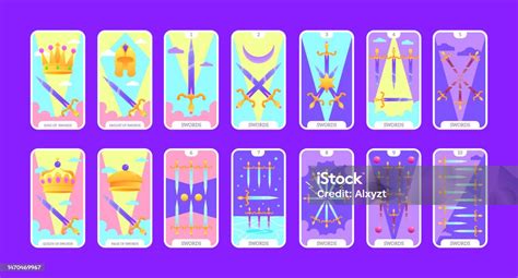 타로 카드 플랫 데크 만화 타로 카드 마이너 아르카나스 검술사 오컬트 벡터 게임 세트 영적 기호 에이스 킹 퀸 나이트 페이지 210 밀교 마법 및 점성술 기호의 전체 팩