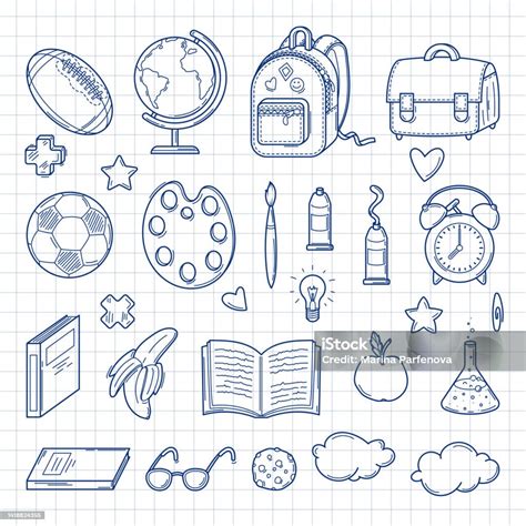 학교로 돌아 가기 낙서 사진의 큰 세트 스케치 스타일의 용품 체크 무늬 배경에 격리 축구에 대한 스톡 벡터 아트 및 기타 이미지