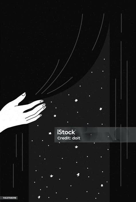 밤에 커튼을 여는 손 창 밖의 별이 빛나는 하늘 꿈 포스터 카드 배너 웹 사이트 디자인 또는 방문 웹 페이지 간단한 선 그리기 현대 평면 벡터 그림입니다 손으로 그린 스타일