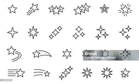 라인 별 아이콘 집합입니다 간단한 그림 팩 흰색 배경에 스트로크 벡터 그림입니다 현대적인 윤곽 스타일 아이콘 컬렉션 밤 하루 시간대에 대한 스톡 벡터 아트 및 기타 이미지