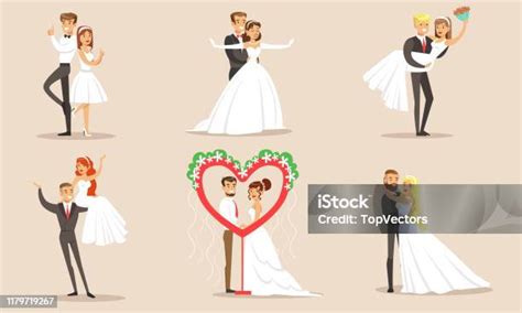 행복 우아한 그냥 결혼 커플 세트 신혼 부부 신랑 결혼 의식 벡터 일러스트 개체 그룹에 대한 스톡 벡터 아트 및 기타 이미지 개체 그룹 결혼식 기혼 Istock