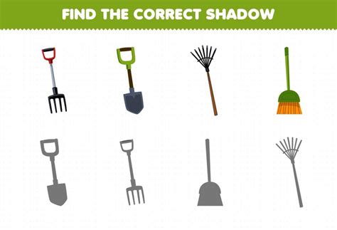 어린이를 위한 교육 게임은 귀여운 만화 포크 삽 레이크 빗자루 인쇄용 도구 워크시트의 올바른 그림자 세트를 찾습니다 프리미엄 벡터