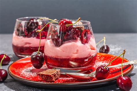 달콤한 체리 소스 신선한 딸기와 초콜릿을 곁들인 맛있는 이탈리아 디저트 판나 코타 0명에 대한 스톡 사진 및 기타 이미지 0