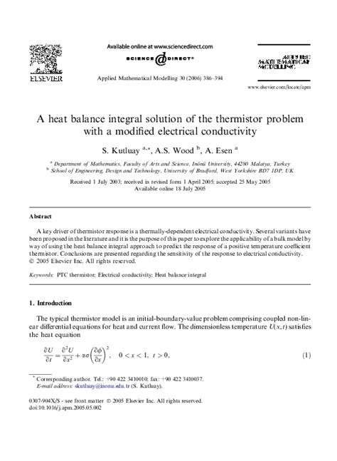 Pdf A Heat Balance Integral Solution Of The Thermistor Problem With A Modified Electrical