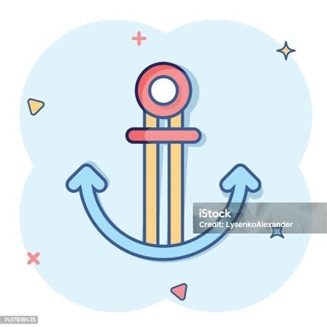 만화 스타일의 보트 앵커 아이콘입니다 흰색 고립 된 배경에 선박 후크 만화 벡터 그림입니다 선박 장비 스플래시 효과 비즈니스 개념 강철에 대한 스톡 벡터 아트 및 기타