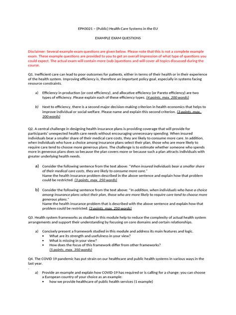 Example Exam Questions Eph3021 Pdf Pareto Efficiency Social Programs