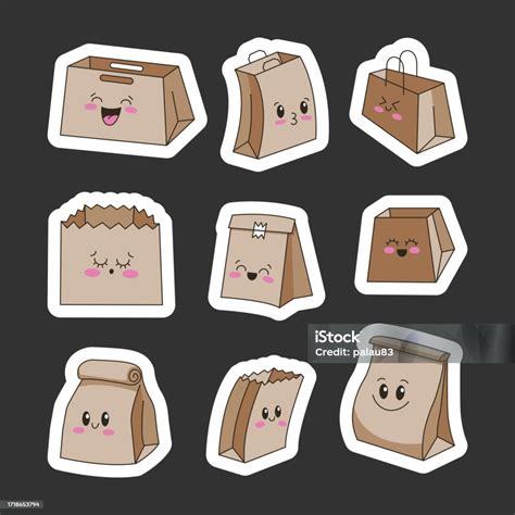 귀여운 행복한 종이 봉지입니다 스티커 책갈피 재미 있은 음식 제품 상자 포장 만화 쇼핑백 벡터 그리기 디자인 요소 모음입니다 0명에 대한 스톡 벡터 아트 및 기타 이미지