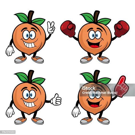 컬렉션 귀여운 웃는 복숭아 만화 캐릭터 세트입니다 흰색 배경에 고립된 벡터 그림 0명에 대한 스톡 벡터 아트 및 기타 이미지