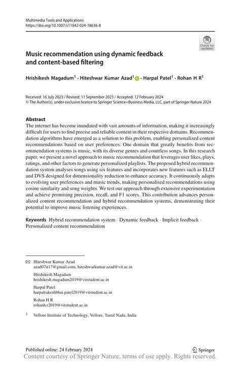 Music Recommendation Using Dynamic Feedback And Content Based Filtering Request Pdf