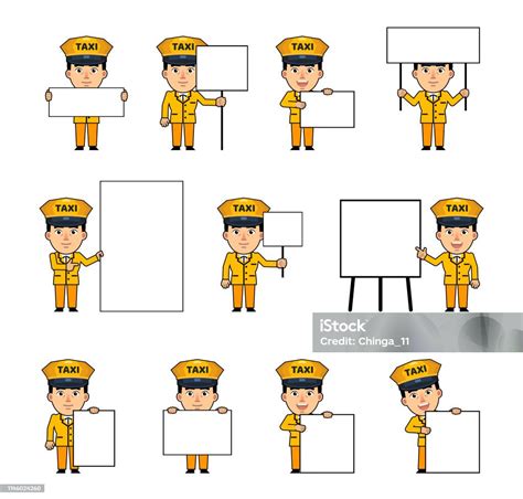 다양 한 빈 배너 포즈 택시 드라이버 문자 집합입니다 종이 포스터 플 라 카드를 들고 재미 있는 드라이버 화이트 보드를 가리키는 교육 광고 플래카드에 대한 스톡 벡터 아트