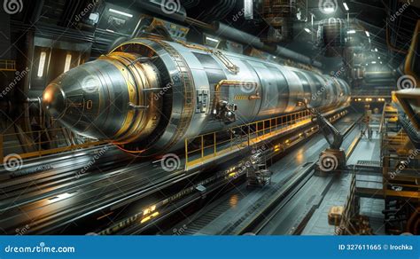 Inside A Futuristic Rocket Assembly Facility With Workers Stock Image Image Of Detailed