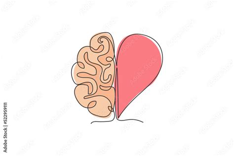 One Continuous Line Drawing Of Half Human Brain And Love Heart Shape Logo Icon Psychological