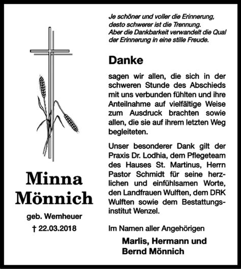 Traueranzeigen Von Minna Mönnich Harztrauer De