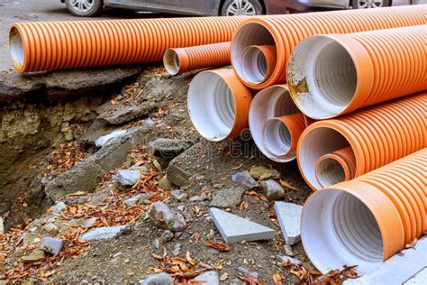 Construction Site A Ready Hdpe Polyethylene Sewer Pipes Stock Image