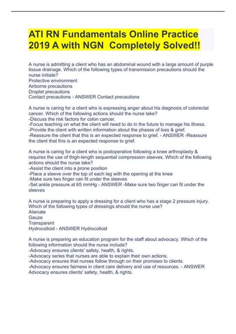 Ati Rn Fundamentals Online Practice 2019 A With Ngn Completely Solved