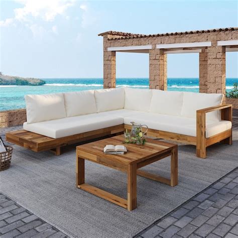 Sudzendf 4 Piece Acacia Wood Outdoor Sectional Set With Beige Cushions