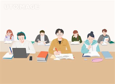 고맙습니다 004 Sill512 유토이미지 일러스트 희망 단체 남자 여자 웃음 미소 행복 대학생 도서관 책 노트 노트북 헤드셋 수업 강의