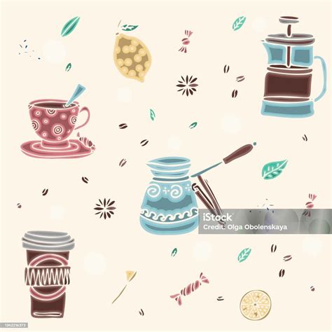 손으로 그린 커피와 차 낙서의 매끄러운 패턴 차를 마시고 모든 종류의 커피를 만들기위한 고립 된 벡터 드로잉 세트 차를 마시고 모든 종류의 커피를 만들기위한 고립 된 벡터