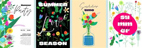 안녕하세요 여름 추상 꽃 포스터입니다 꽃 손으로 그린 예술 시즌 행복한 휴일 플래 카드 세트입니다 여름 예술적 프린트 현수막이
