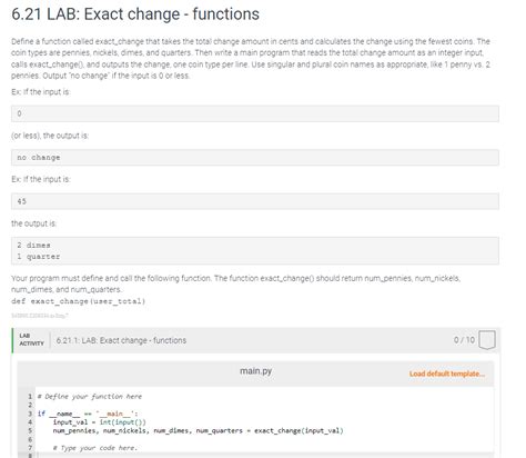 Solved LAB Exact Change FunctionsDefine A Function Chegg Com
