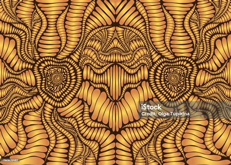 빈티지 환각 대칭 장식 배경입니다 스팀 펑크 스타일 황금 그라데이션 색상 갈색 윤곽 벡터 그림입니다 장식 초현실적 인 추상 적 요소 장신구의 미로와 질감 0명에 대한 스톡