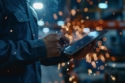 Premium Photo An Engineer Uses A Digital Tablet To Control A Robotic Arm In A Hightech