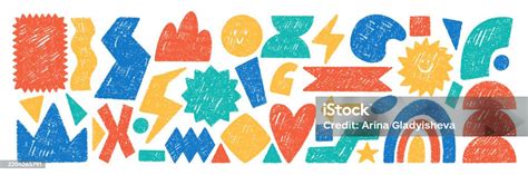 크레용 분필 또는 파스텔 질감의 장난기 넘치는 요소 세트 번개 왕관 태그 및 어린이용 무지개 디자인 흰색 배경에 낙서 색상 벡터 그림 기하에 대한 스톡 벡터 아트 및 기타